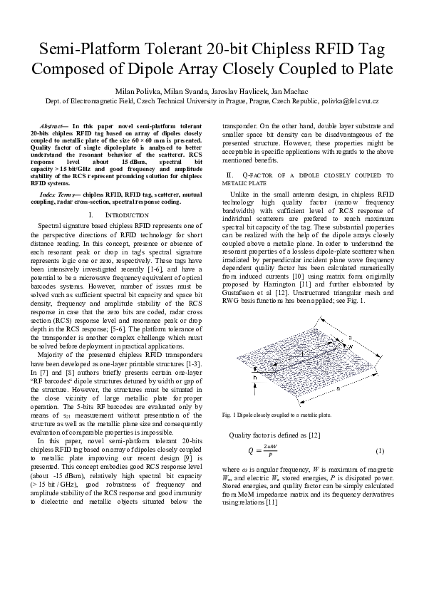 (PDF) Semi-Platform Tolerant 20-bit Chipless RFID Tag Composed of Dipole Array Closely Coupled ...