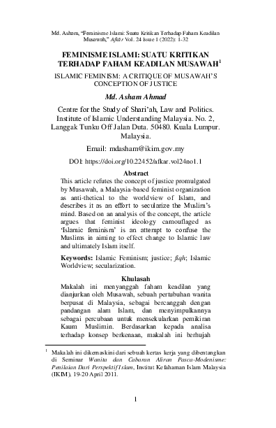 (PDF) ISLAMIC FEMINISM: A CRITIQUE OF MUSAWAH'S CONCEPTION OF JUSTICE