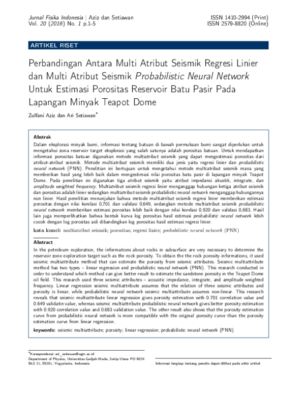 (PDF) Perbandingan Antara Multi Atribut Seismik Regresi Linier dan Multi Atribut Seismik ...