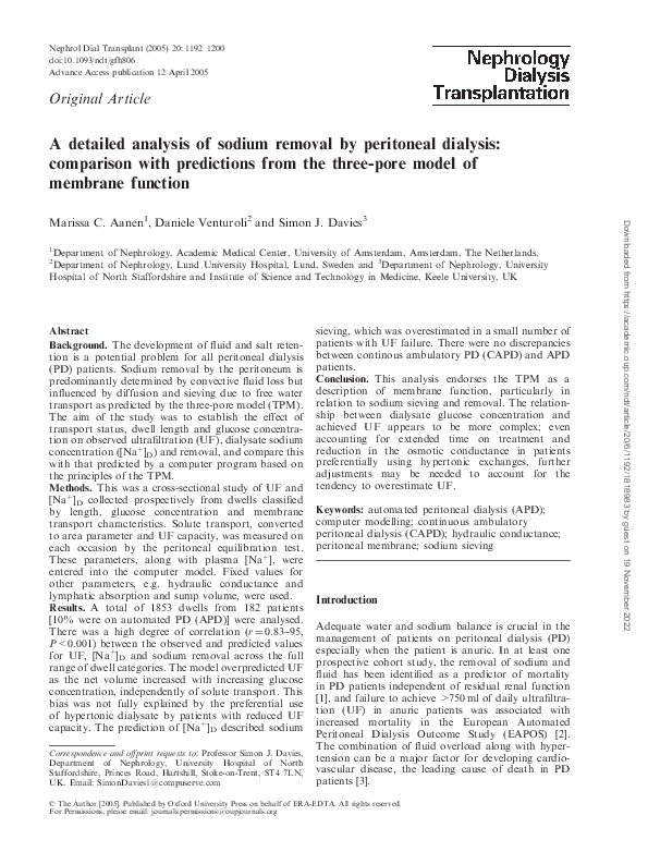 (PDF) A detailed analysis of sodium removal by peritoneal dialysis ...