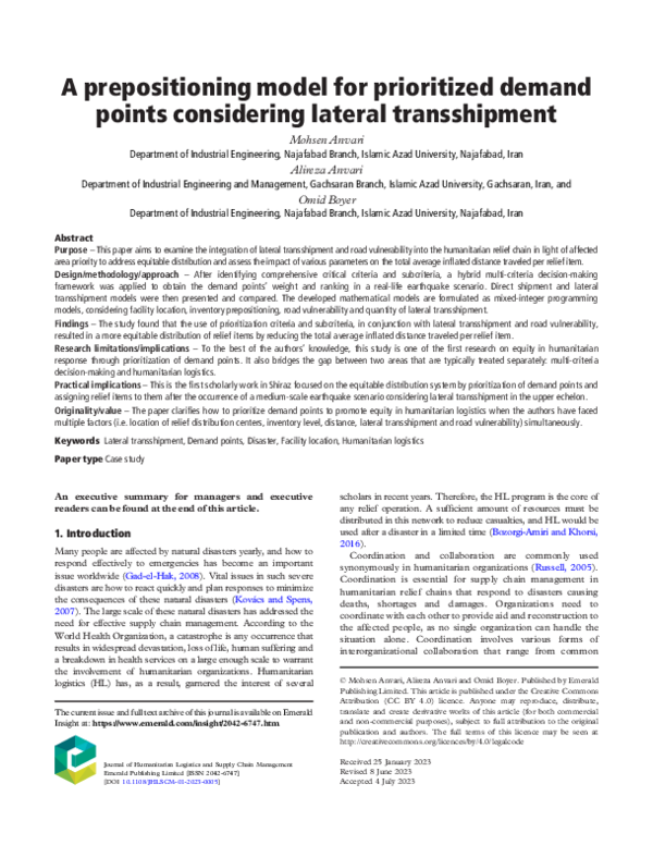 Pdf A Prepositioning Model For Prioritized Demand Points Considering Lateral Transshipment