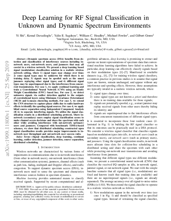 Pdf Deep Learning For Rf Signal Classification In Unknown And Dynamic Spectrum Environments