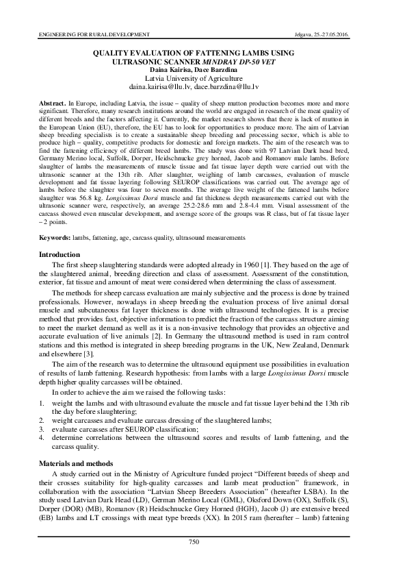 (PDF) Quality Evaluation of Fattening Lambs Using Ultrasonic Scanner Mindray DP-50 Vet