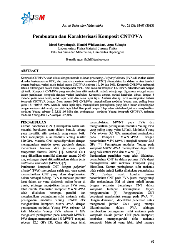 (PDF) Pembuatan dan Karakterisasi Komposit CNT/PVA