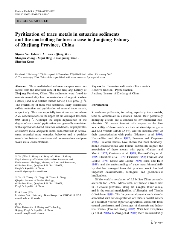 (PDF) Pyritization of trace metals in estuarine sediments and the ...