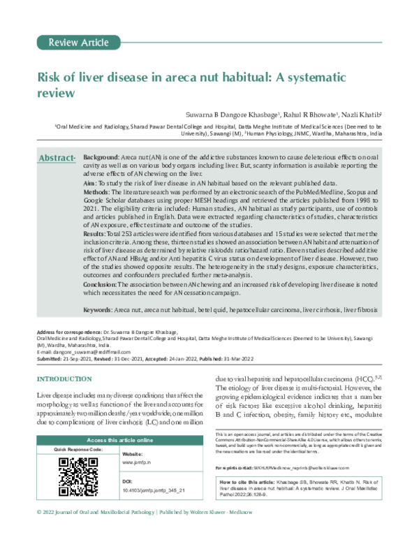 (PDF) Risk of liver disease in areca nut habitual: A systematic review | Suwarna Dangore ...