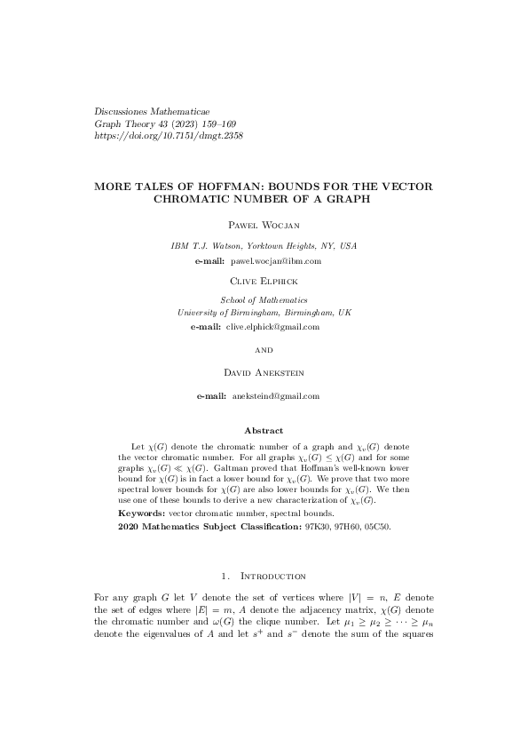 (PDF) More tales of Hoffman: bounds for the vector chromatic number of ...