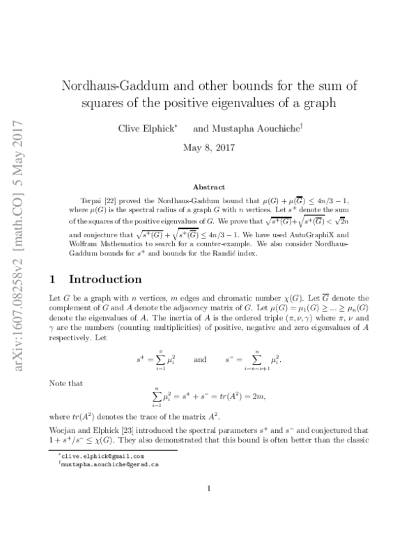 (PDF) Nordhaus–Gaddum and other bounds for the sum of squares of the positive eigenvalues of a graph