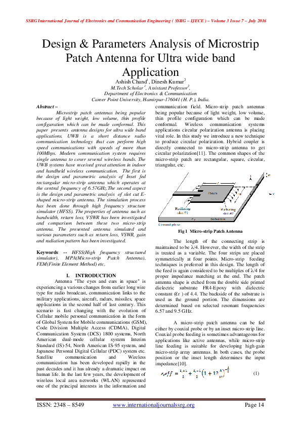 (PDF) Design Parameters Analysis of Microstrip Patch Antenna for Ultra wide band Application