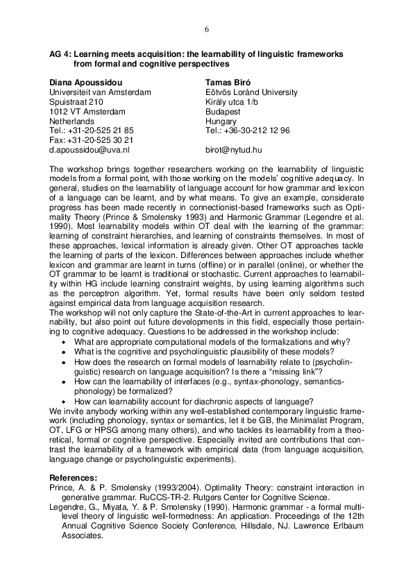 (PDF) 6 AG 4: Learning meets acquisition: the learnability of linguistic frameworks from formal ...