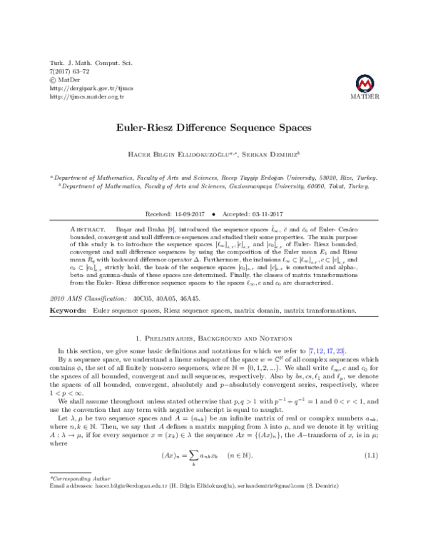 (PDF) Euler-Riesz Difference Sequence Spaces