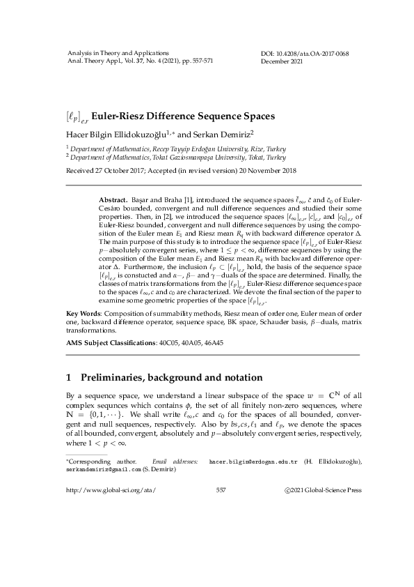 (PDF) [`p]e.r Euler-Riesz Difference Sequence Spaces