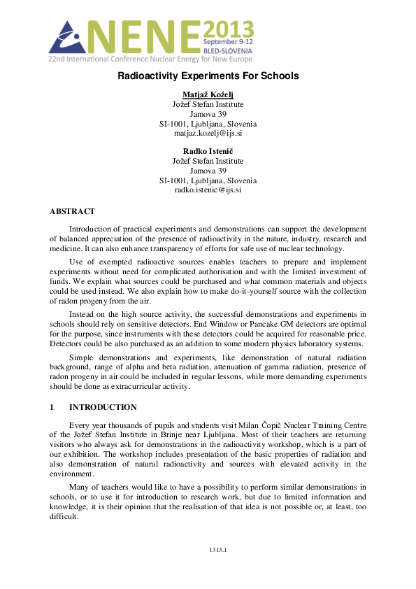 (PDF) Radioactivity Experiments For Schools