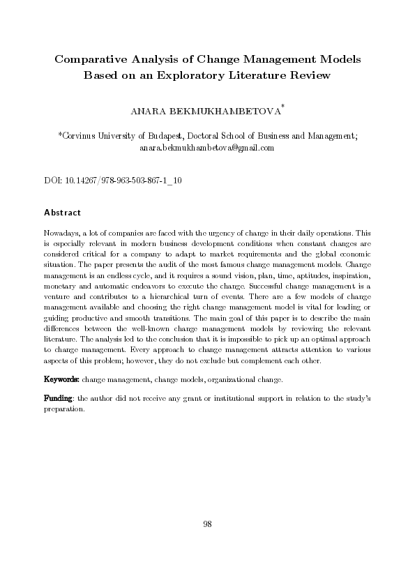 (PDF) Comparative Analysis of Change Management Models Based on an Exploratory Literature Review