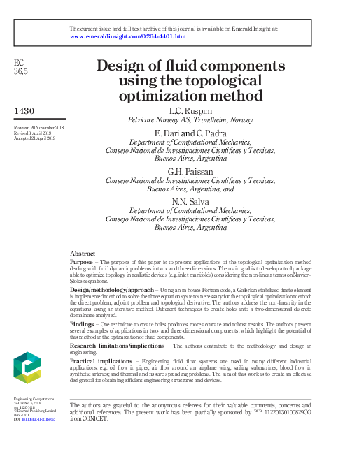 (PDF) Design of fluid components using the topological optimization method