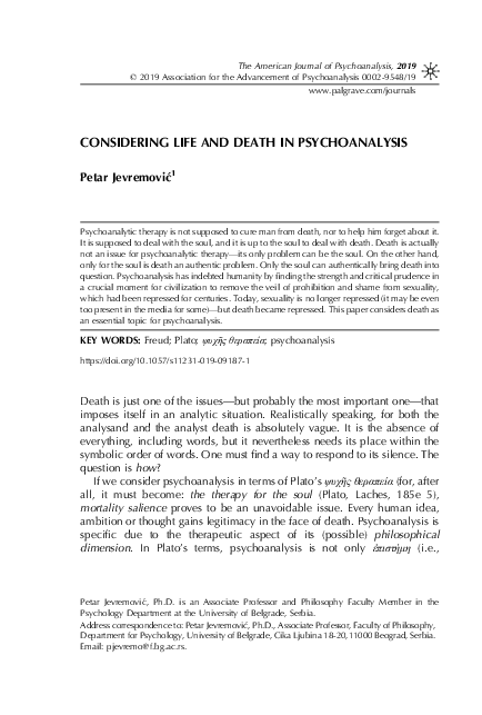 (PDF) Considering Life and Death in Psychoanalysis