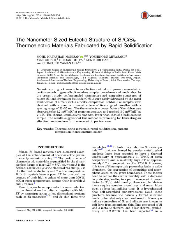 (PDF) The Nanometer-Sized Eutectic Structure of Si/CrSi2 Thermoelectric Materials Fabricated by ...
