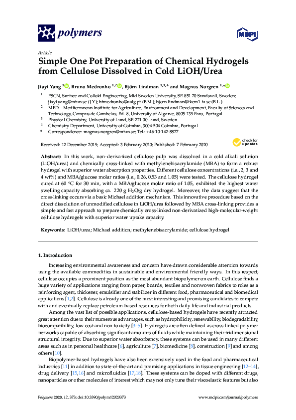(PDF) Simple One Pot Preparation of Chemical Hydrogels from Cellulose ...