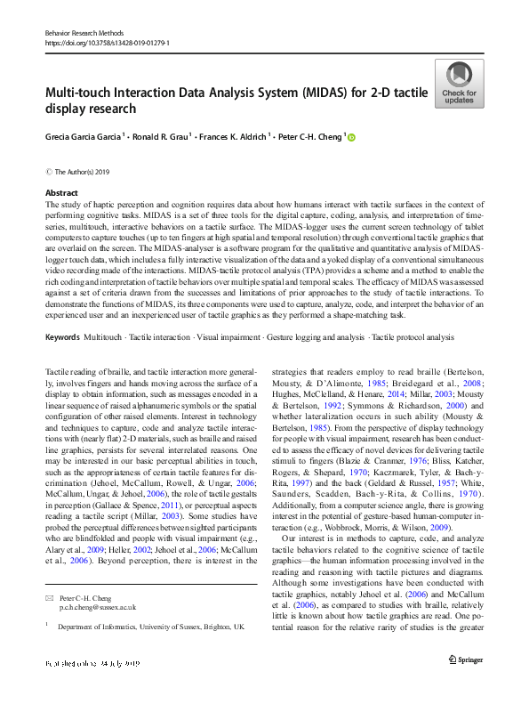 (PDF) Multi-touch Interaction Data Analysis System (MIDAS) for 2-D tactile display research