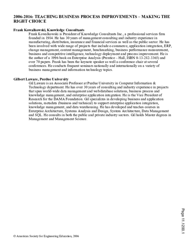 (PDF) Teaching Business Process Improvements – Making The Right Choice