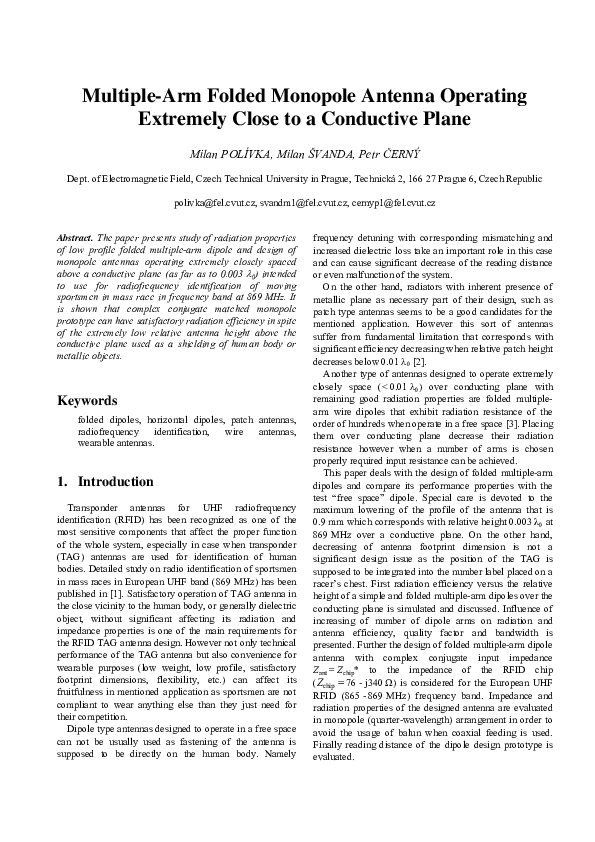 (PDF) Multiple-Arm Folded Monopole Antenna Operating Extremely Close to ...
