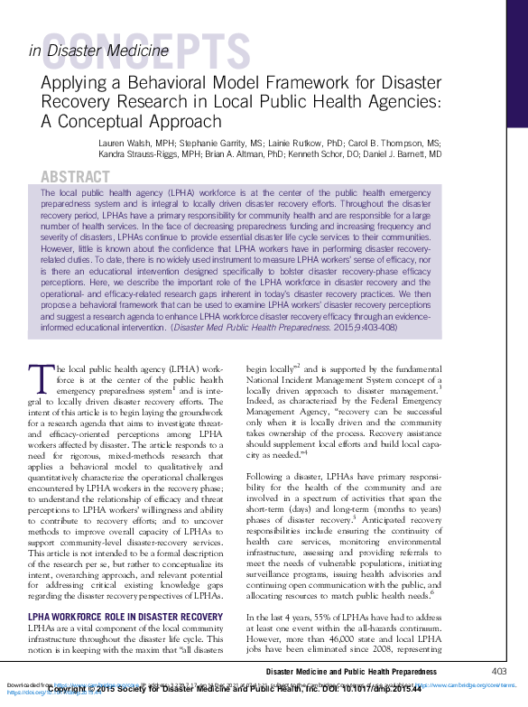 (PDF) Applying a Behavioral Model Framework for Disaster Recovery ...