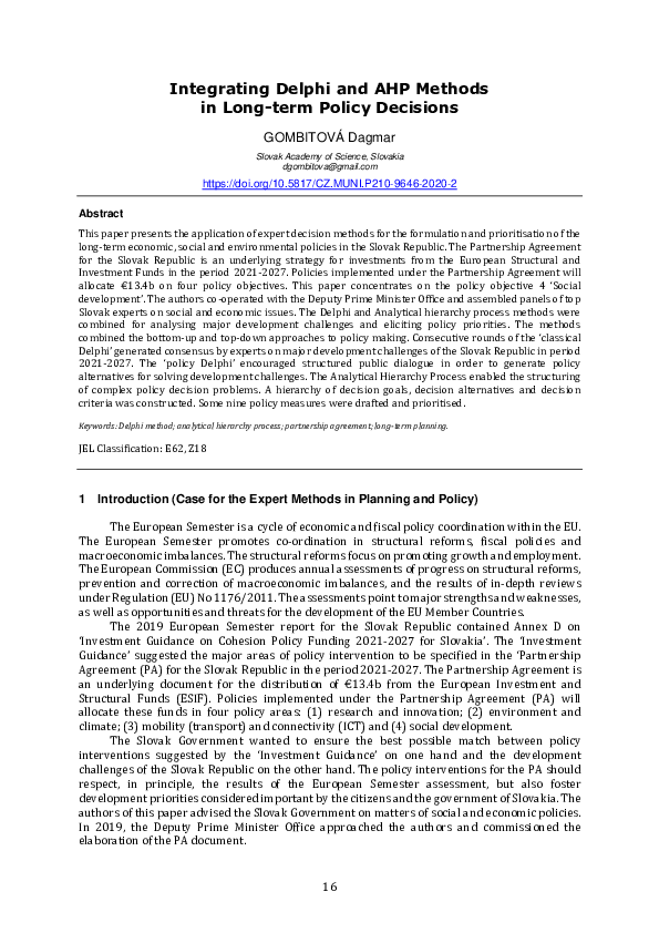 Pdf Integrating Delphi And Ahp Methods In Long Term Policy Decisions
