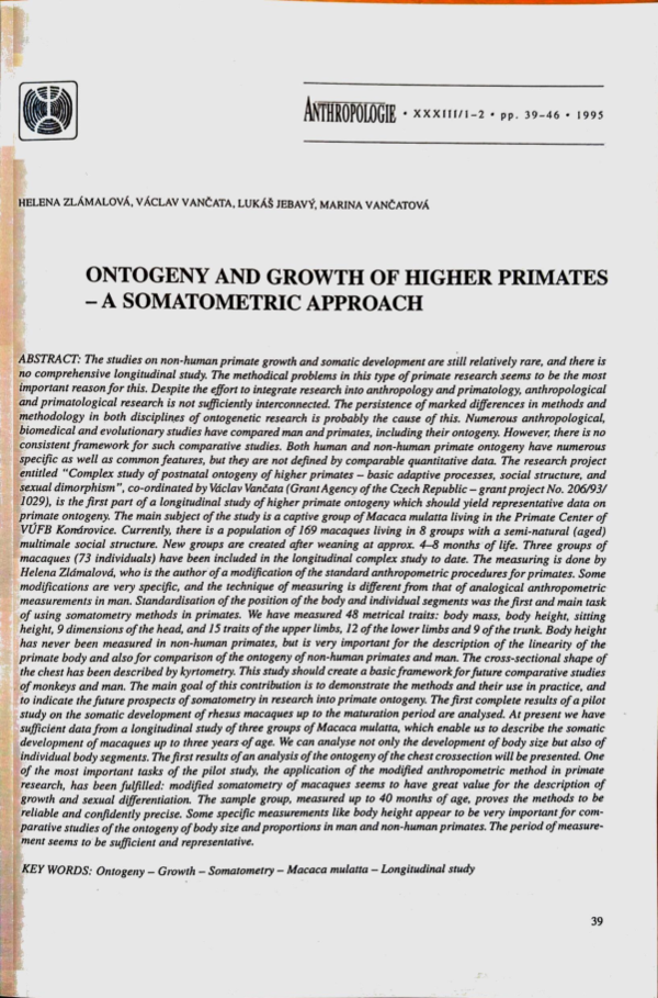 (PDF) Ontogeny and Growth of Higher Primates - a Somatometric Approach