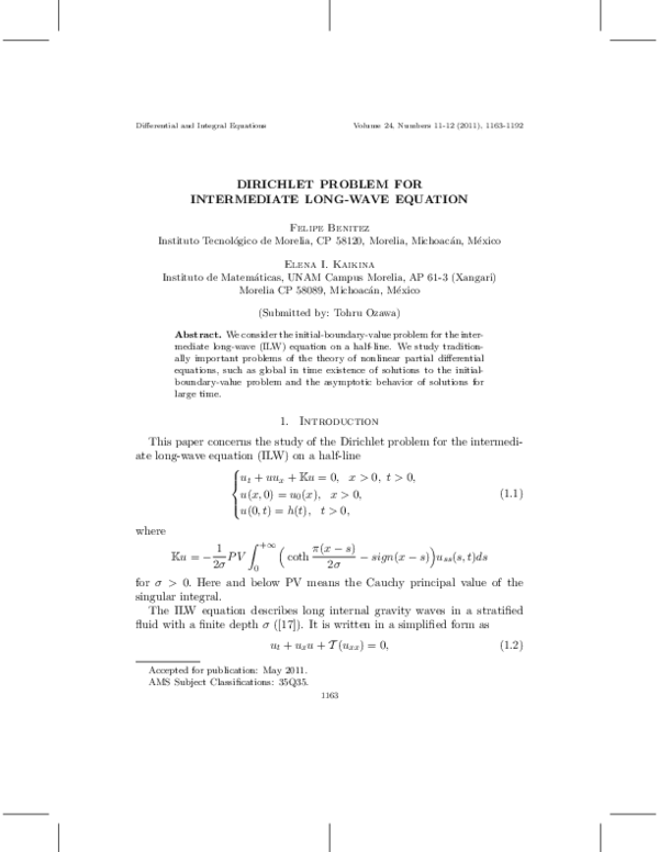 (PDF) Dirichlet problem for intermediate long-wave equation | Elena Kaikina - Academia.edu