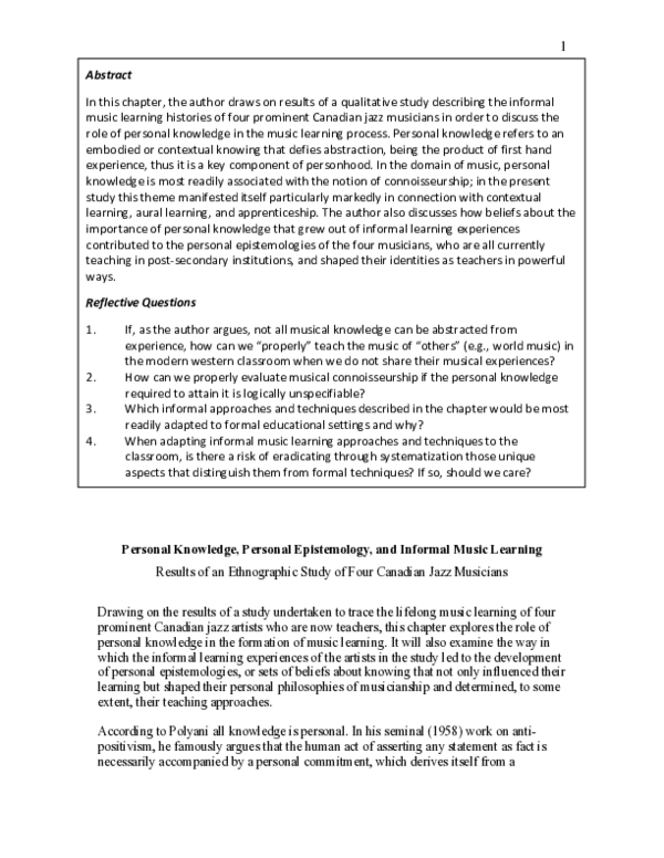 (PDF) "Personal Knowledge, Personal Epistemology and Informal Music ...