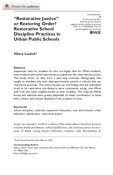 (PDF) “Restorative Justice” or Restoring Order? Restorative School Discipline Practices in Urban ...