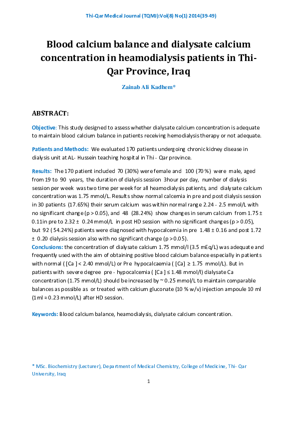 (PDF) Blood calcium balance and dialysate calcium concentration in ...