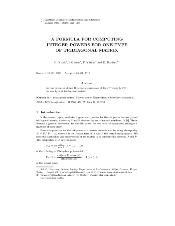 (PDF) A formula for computing integer powers for one type of tridiagonal matrix