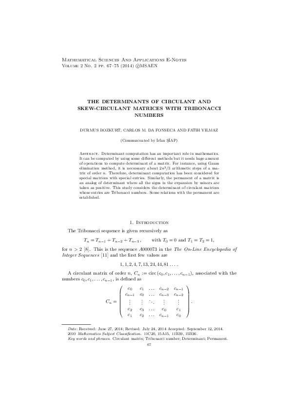 Pdf The Determinants Of Circulant And Skew Circulant Matrices With Tribonacci Numbers