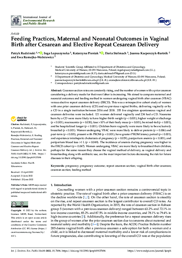 (PDF) Feeding Practices, Maternal and Neonatal Outcomes in Vaginal Birth after Cesarean and ...