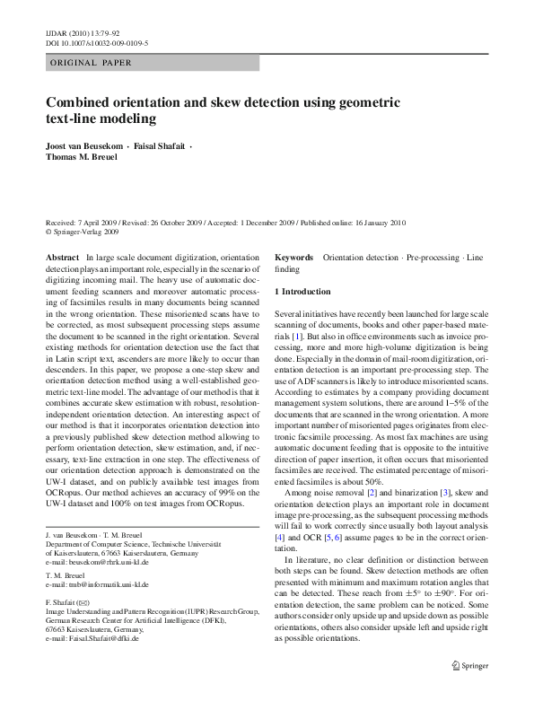 Pdf Combined Orientation And Skew Detection Using Geometric Text Line Modeling Slim Kanoun