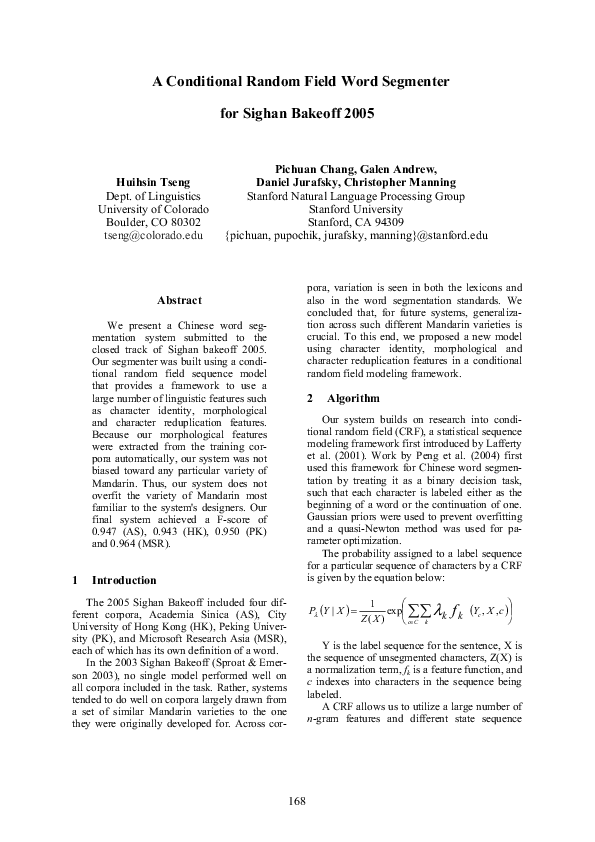 (PDF) A conditional random field word segmenter for sighan bakeoff 2005