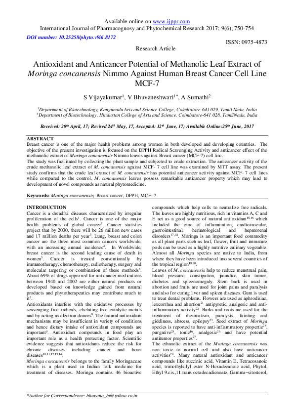 Pdf Antioxidant And Anticancer Potential Of Methanolic Leaf Extract Of Moringa Concanensis