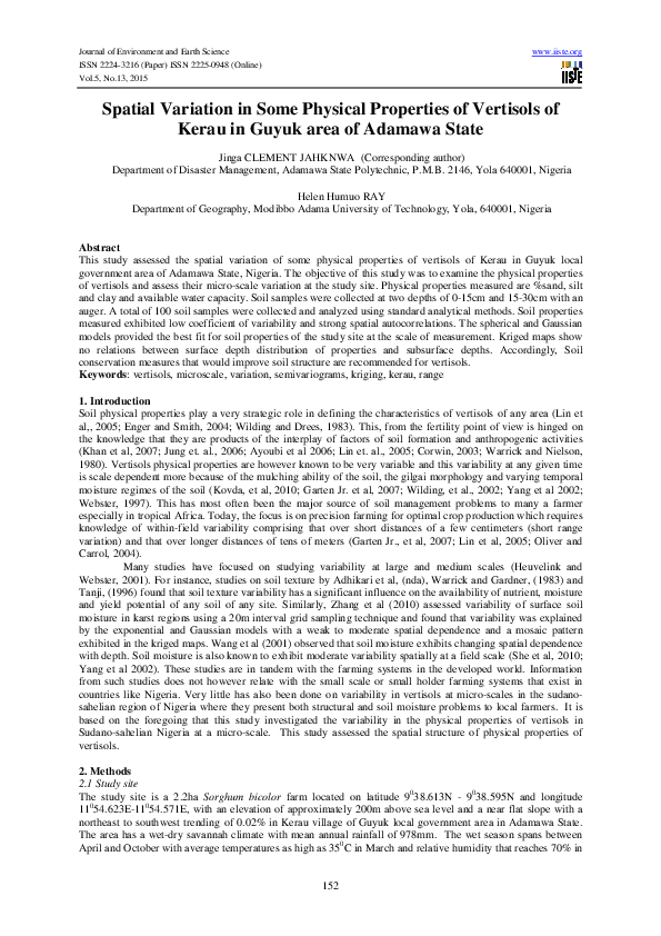 Pdf Spatial Variation In Some Physical Properties Of Vertisols Of Kerau In Guyuk Area Of