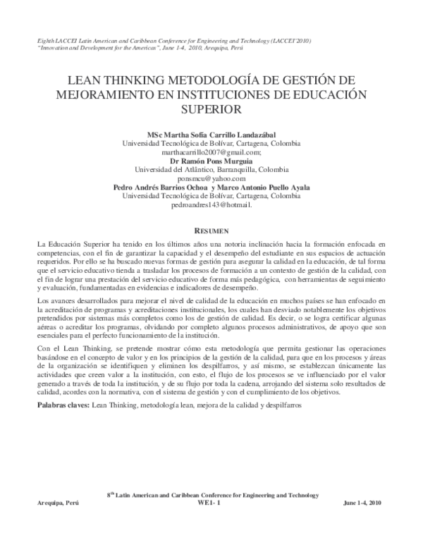 (PDF) Lean Thinking Metodología De Gestión De Mejoramiento en Instituciones De Educación Superior