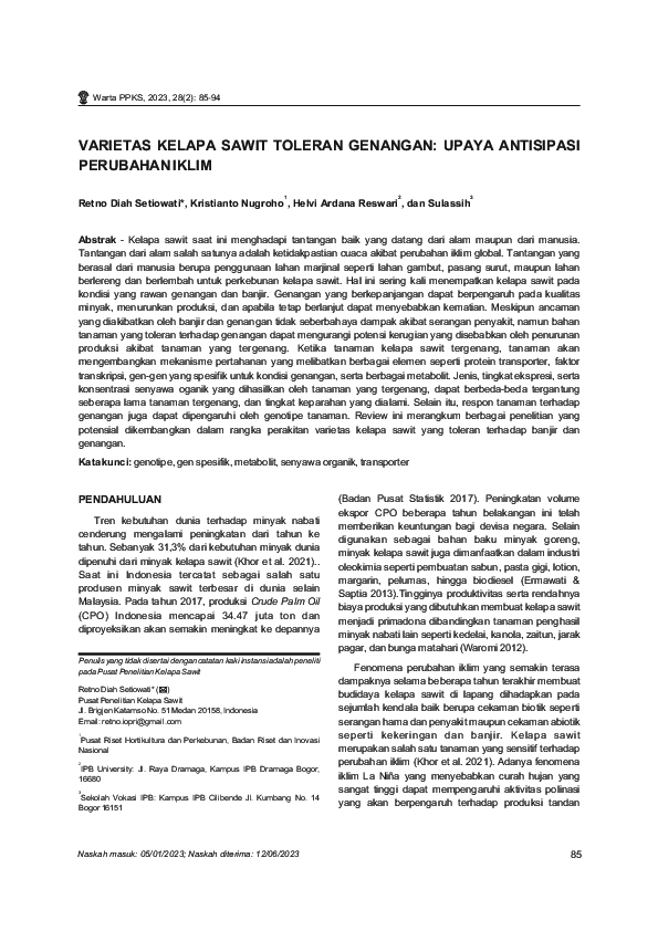 (PDF) Varietas Kelapa Sawit Toleran Genangan: Upaya Antisipasi ...