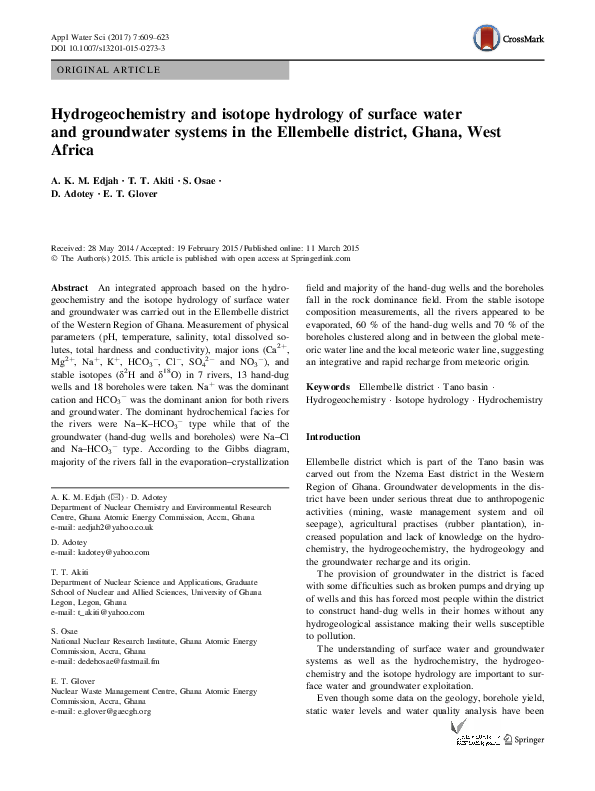 (PDF) Hydrogeochemistry and isotope hydrology of surface water and ...