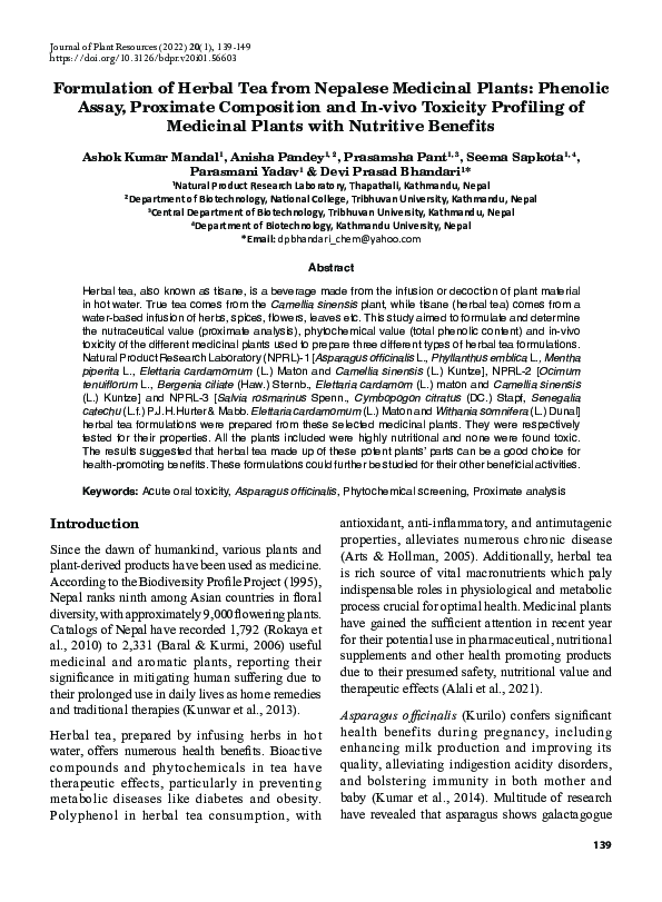 (PDF) Formulation of Herbal Tea from Nepalese Medicinal Plants ...