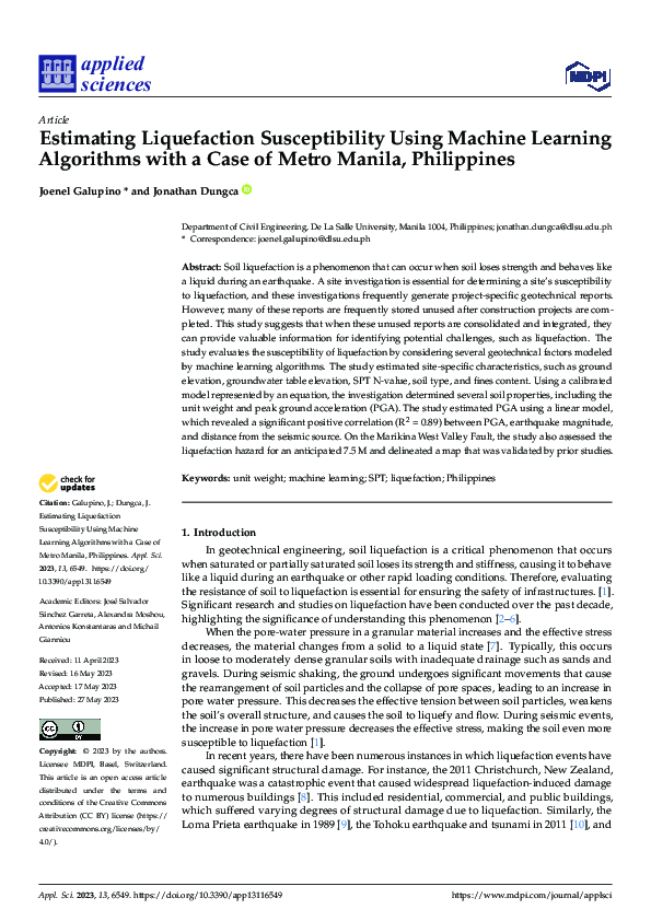 (PDF) Estimating Liquefaction Susceptibility Using Machine Learning Algorithms with a Case of ...