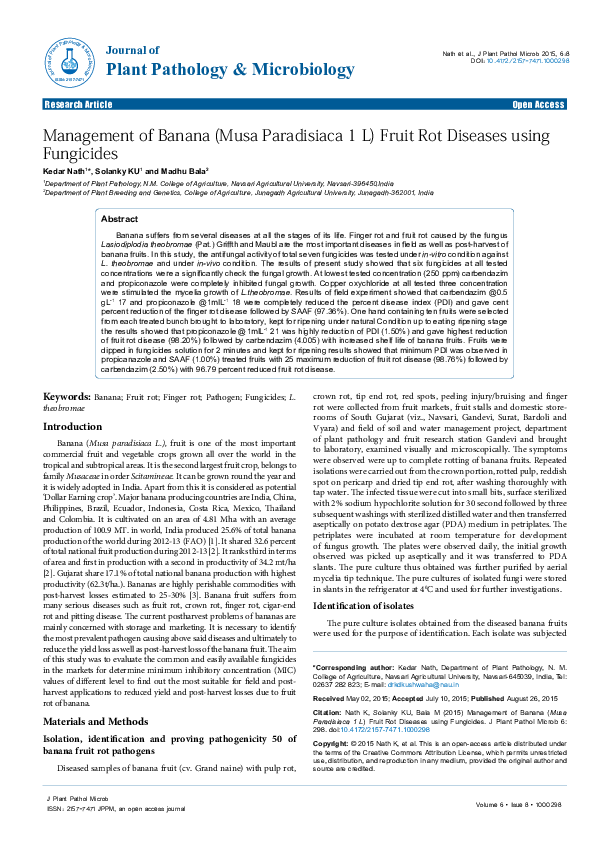 (PDF) Management of Banana (Musa Paradisiaca 1 L) Fruit Rot Diseases using Fungicides
