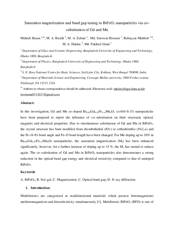(PDF) Saturation magnetization and band gap tuning in BiFeO3 nanoparticles via co-substitution ...