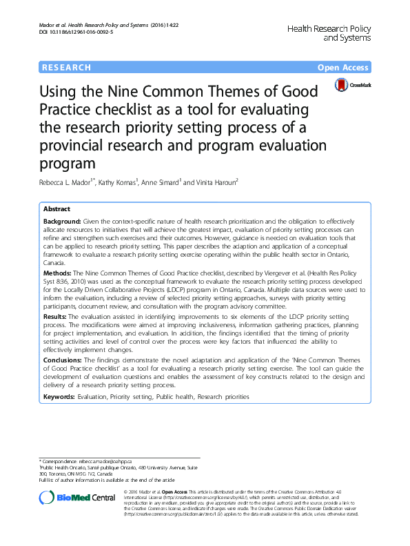 (PDF) Using the Nine Common Themes of Good Practice checklist as a tool ...