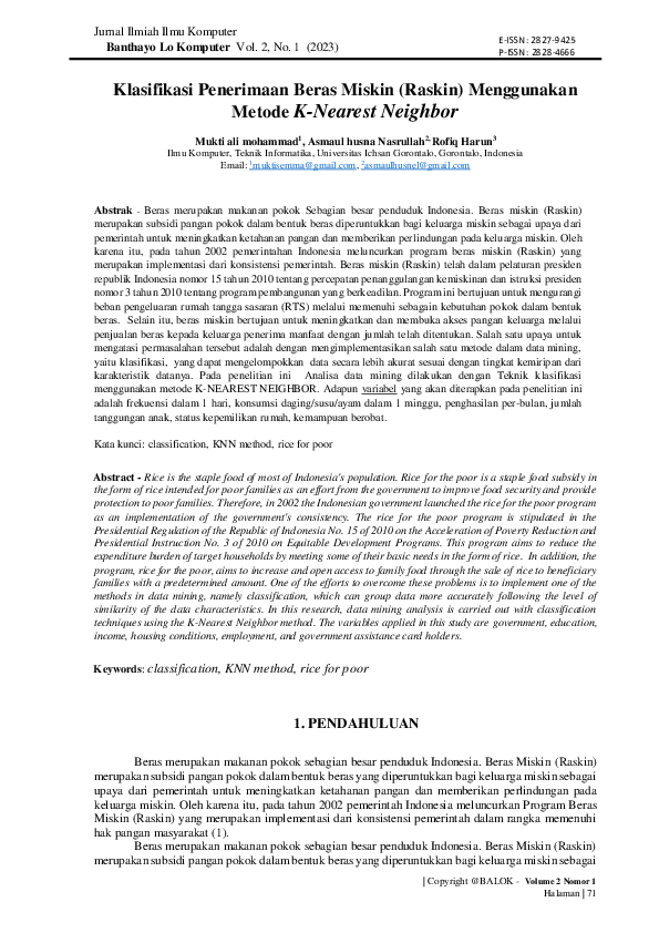 (PDF) Klasifikasi Penerimaan Beras Miskin (RASKIN) Menggunakan Metode K ...