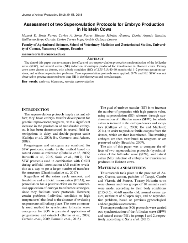 (PDF) Assessment of two Superovulation Protocols for Embryo Production ...