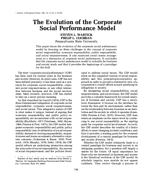 (PDF) The Evolution of the Corporate Social Performance Model